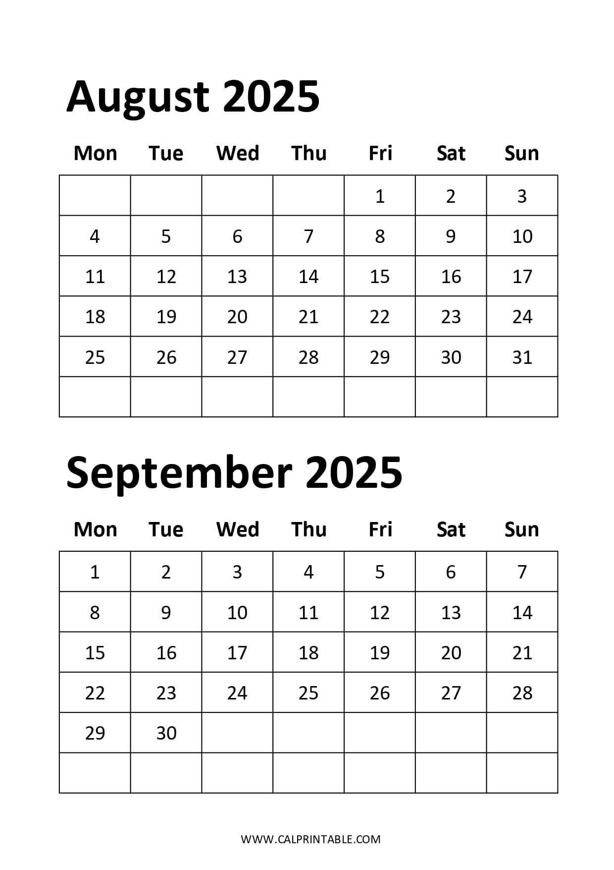 Printable August September 2025 Calendar (PDF, PNG & Excel)